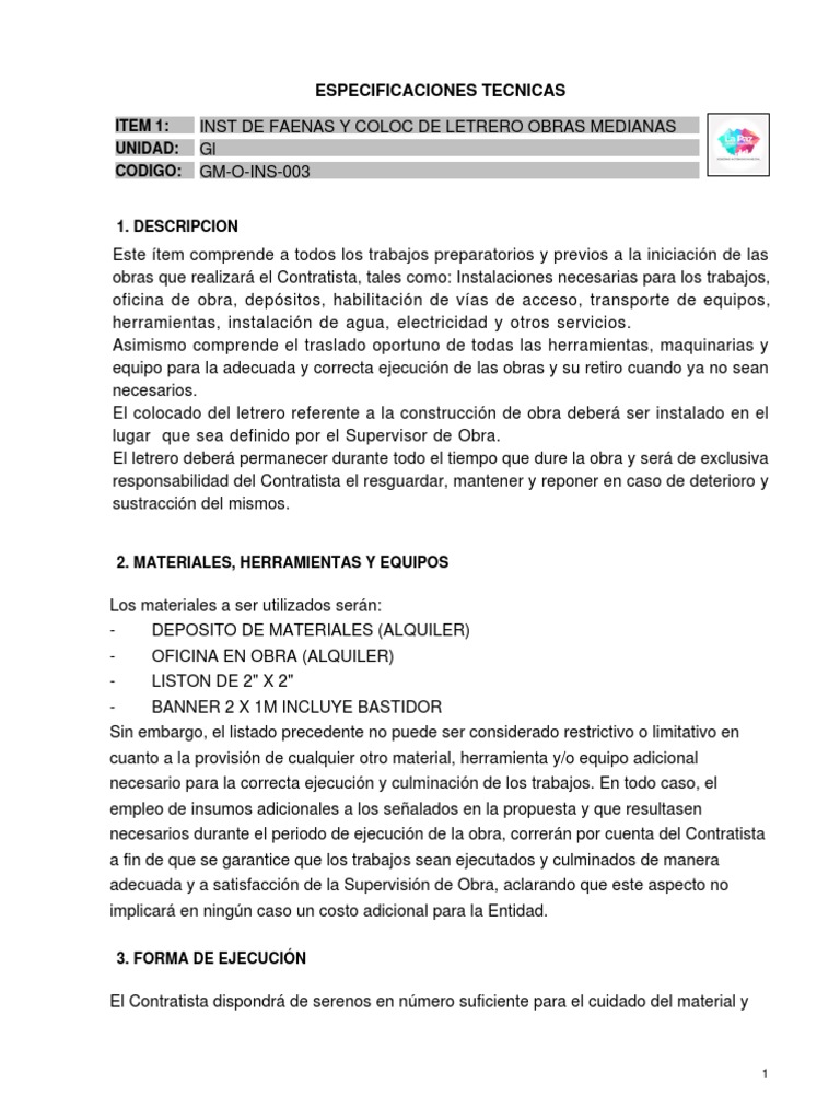 Especificaciones técnicas para la instalación de faenas, replanteo topográfico y perfilado de ...