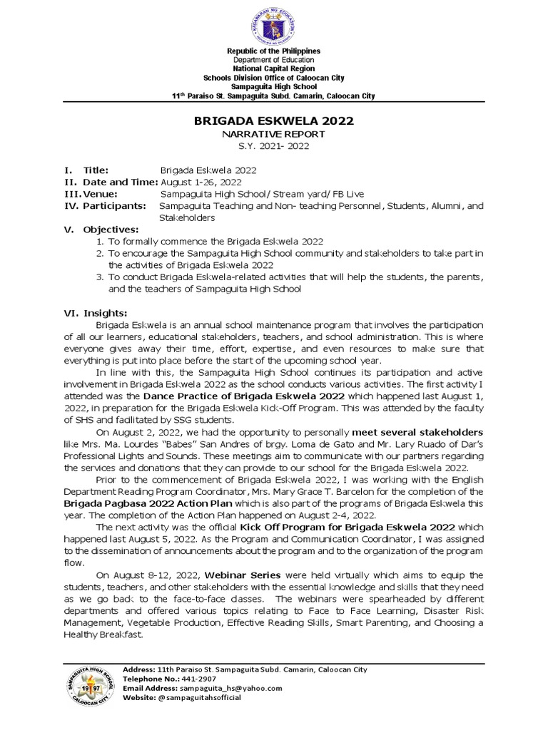 Brigada Eskwela Narrative Report - AGUNOD | Download Free PDF | Teachers