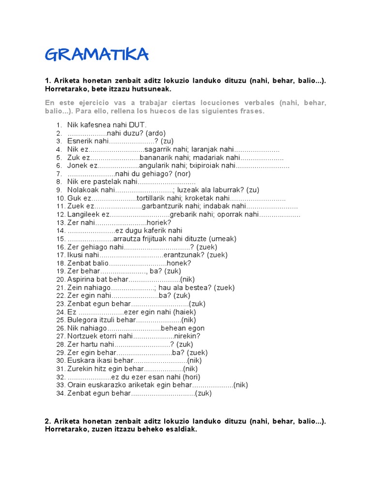EUSKERA A1 Ariketak | PDF