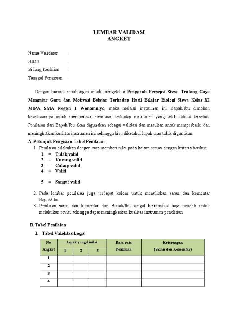 Lembar Validasi Angket | PDF