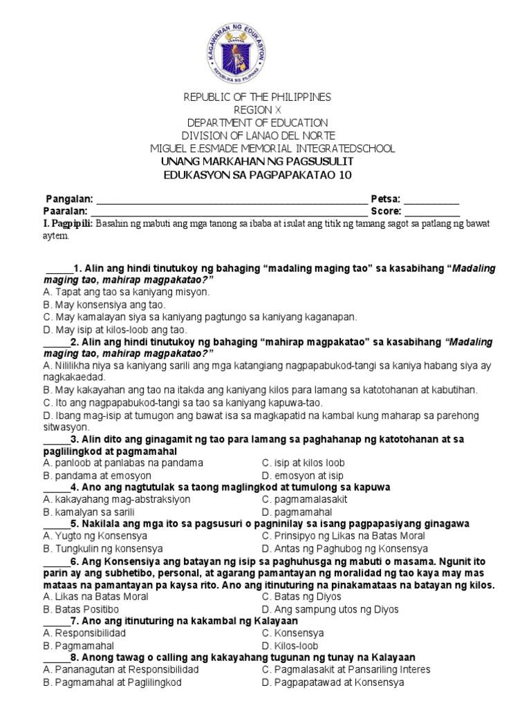 Esp 10 Q-1 First Periodic Exam | PDF