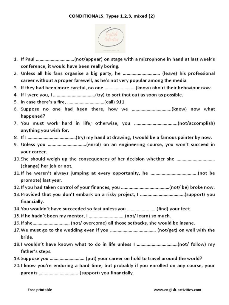 Conditionals. Types 123 Mixed Intermediate 2 | PDF