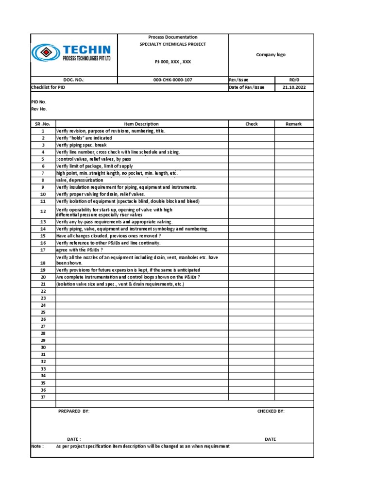 Check List Format for PID | PDF | Valve | Energy Technology