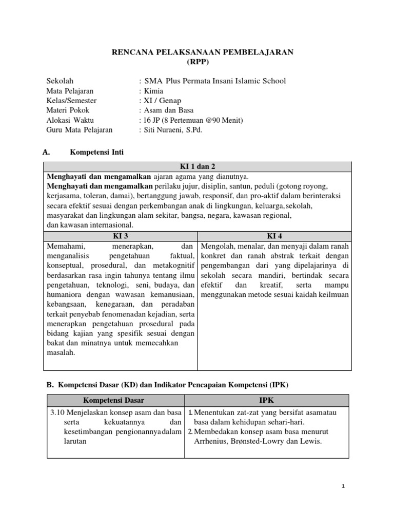 1.RPP Pertemuan 1 Asam Basa | PDF