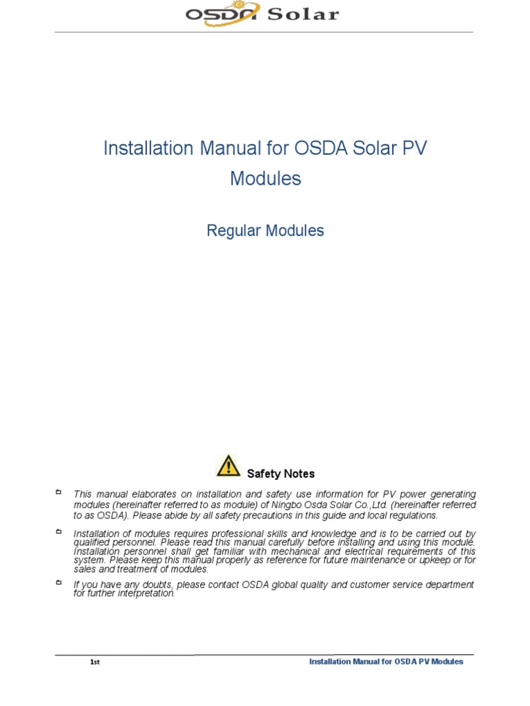 Osda Solar Module - Installation Manual | PDF | Solar Panel | Electrical Connector