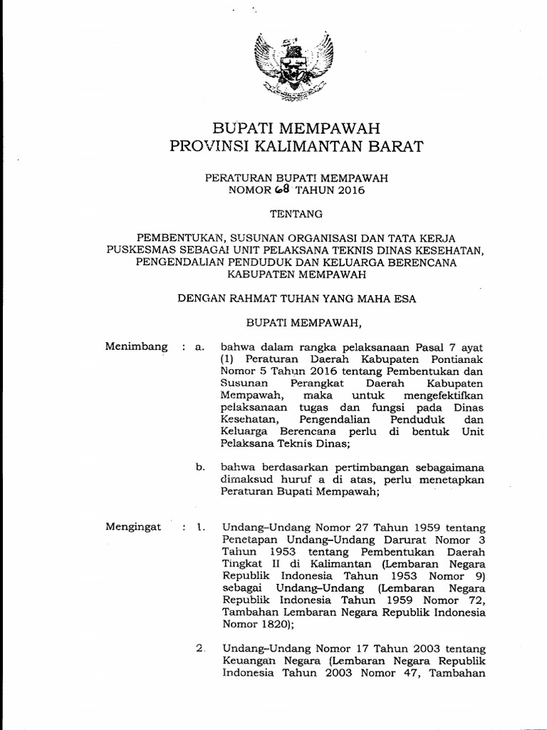 Perbup-No-68-Tahun-2016-Ttg-Sotk Puskesmas SBG Uptd | PDF