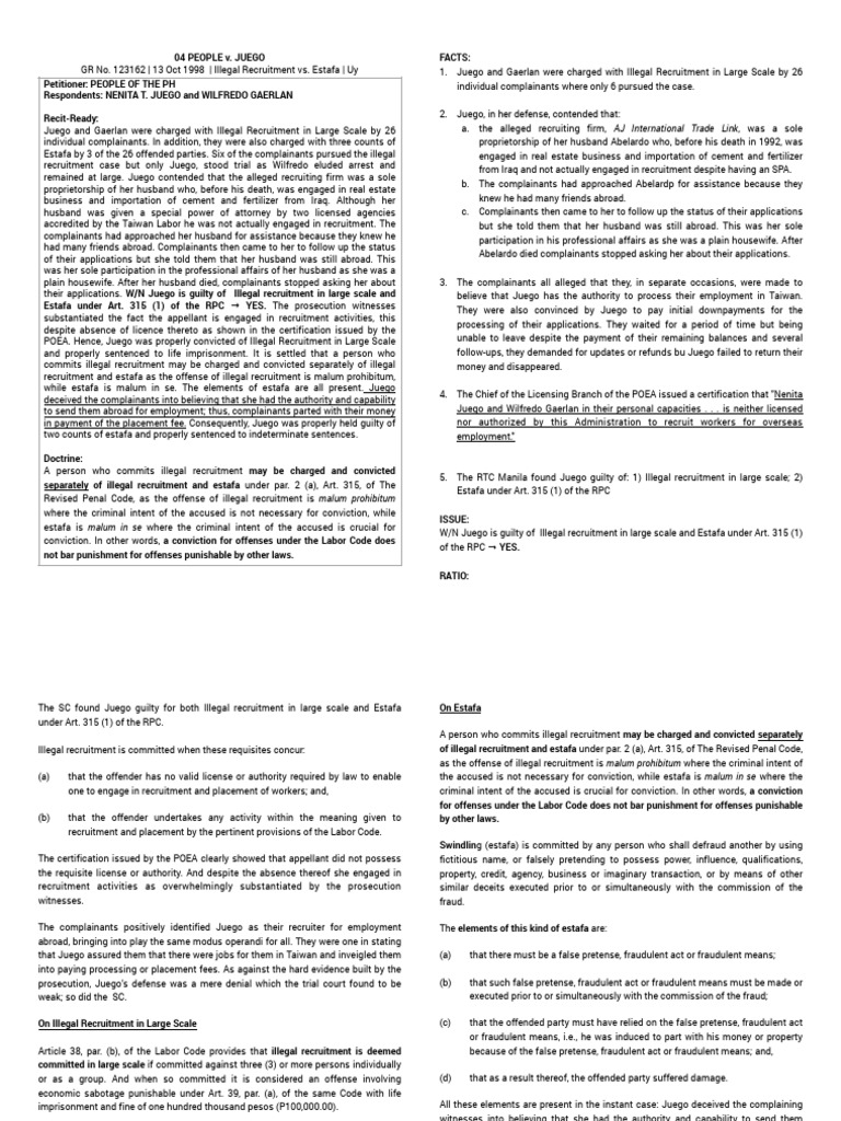 Analysis of the Guilt of Nenita T. Juego for Illegal Recruitment in ...