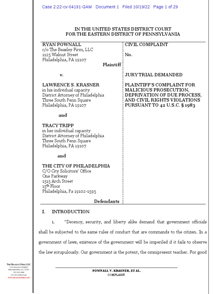 Ryan Pownall vs. Larry Krasner Lawsuit Main Complaint | PDF ...