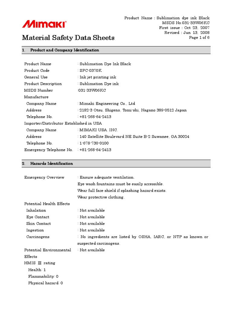 Sublimation Dye Ink Black MSDS | PDF | Firefighting | Water