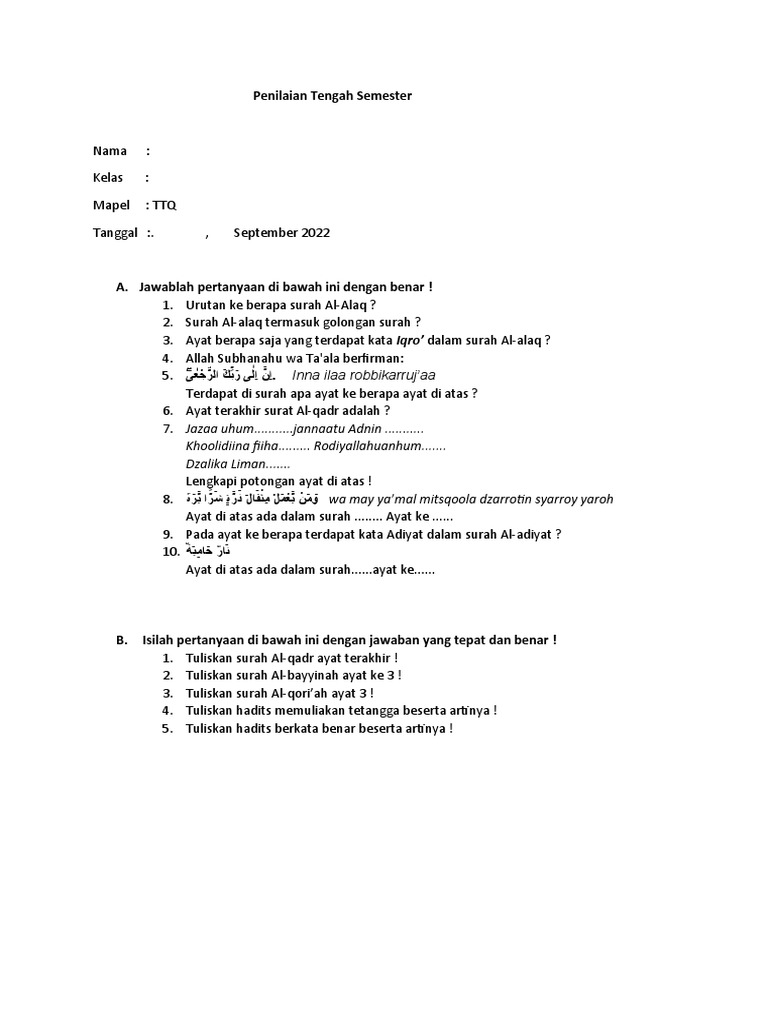 Soalan TTQ Kelas 6 | PDF