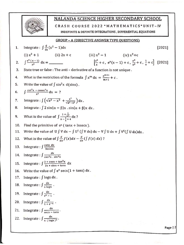 Nalanda College Mathematics Crash Course Question Paper-2 | PDF