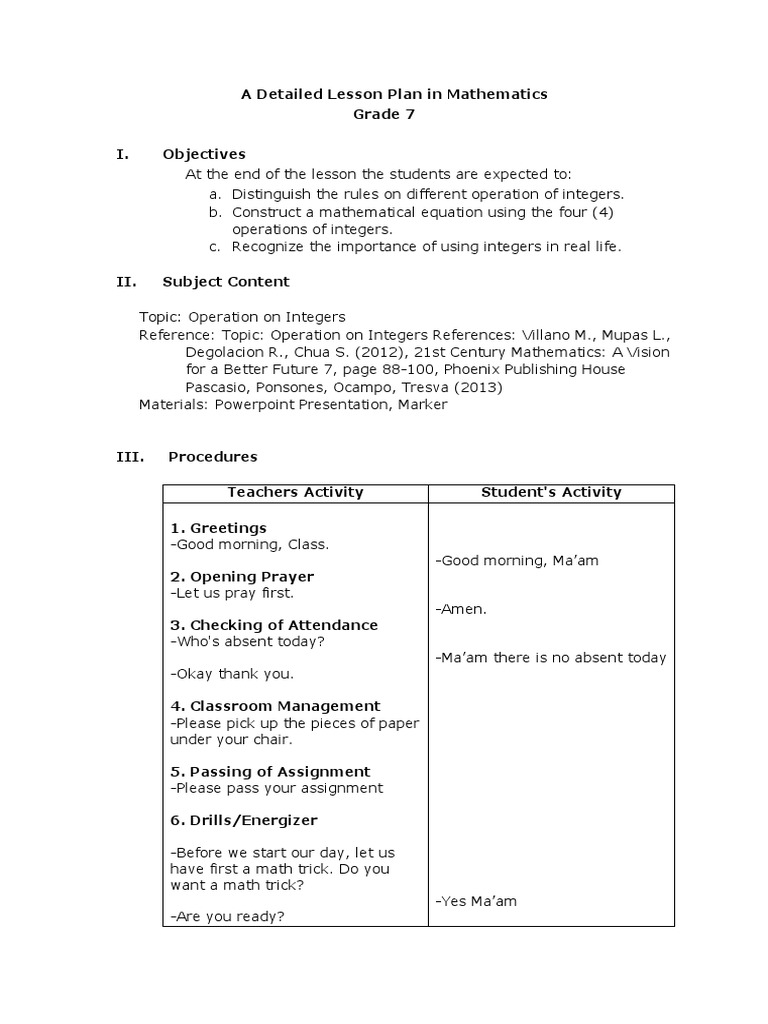 Detailed Lesson Plan (Operation On Integers) Lady | PDF