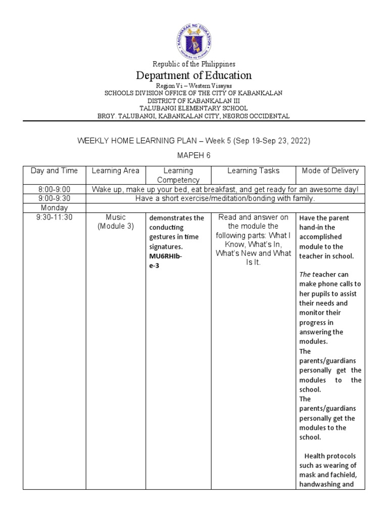 WHLP Mapeh 6 Q1 W5 | PDF | Learning | Cognition