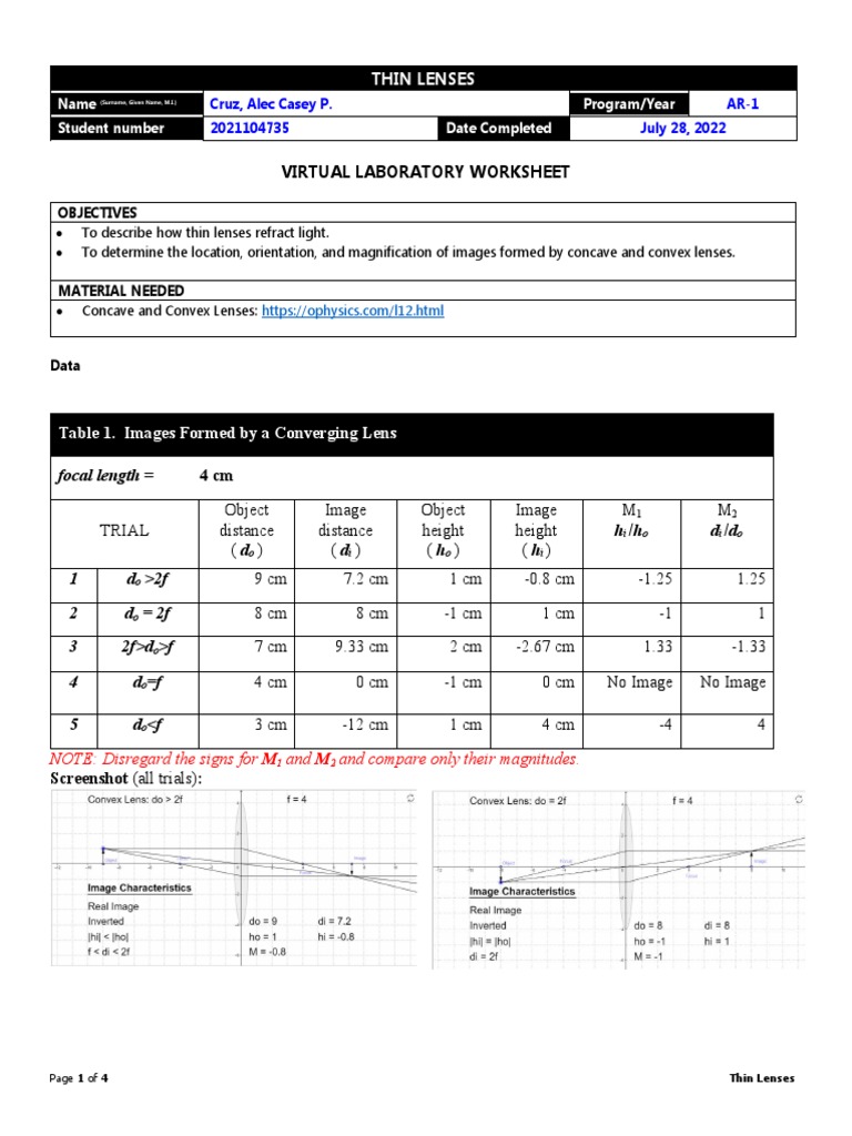 E205 Thin Lenses Data Sheet | PDF | Lenses | Electromagnetism