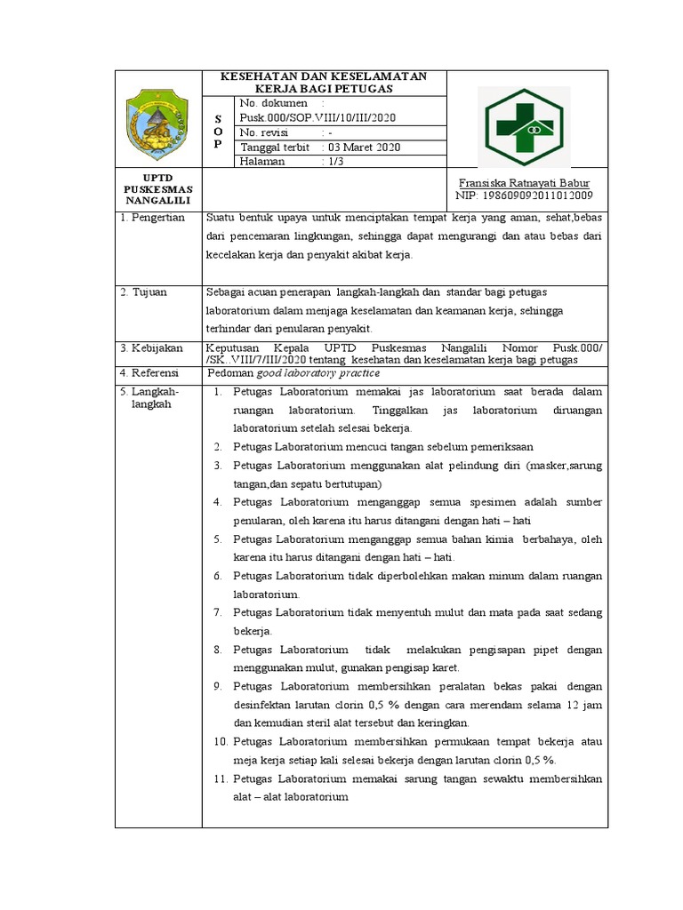 8.1.2.7 Sop Kesehatan Dan Keselamatan Kerja Bagi Petugas PKMN | PDF