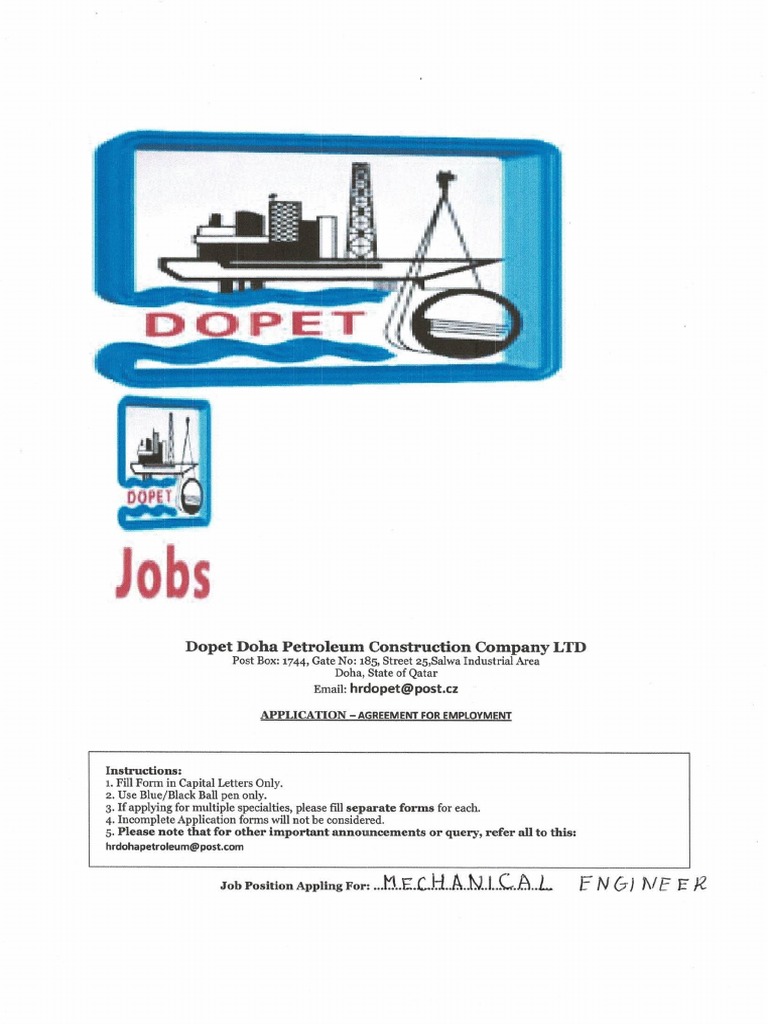 Dopet Doha Petroleum Construction Company Application Form | PDF