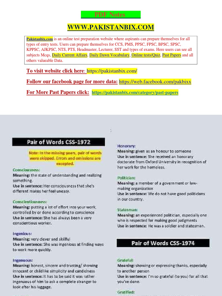 Solved Pair of Words From CSS Past Papers 1972-2018 | PDF Solved Pair of Words From CSS Past Papers 1972-2018 | PDF