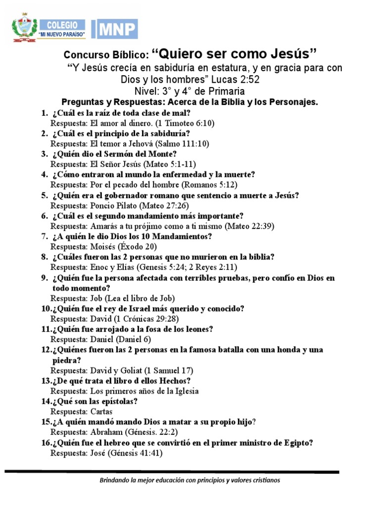 Concurso bíblico para niños: Preguntas y respuestas sobre personajes y eventos de la Biblia ...