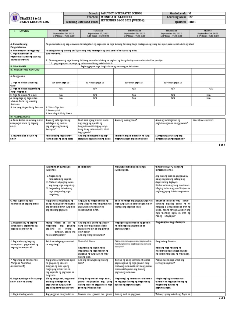 DLL - Esp 6 - Q1 - W6 - Pagsubok-Katatagan NG Loob | PDF