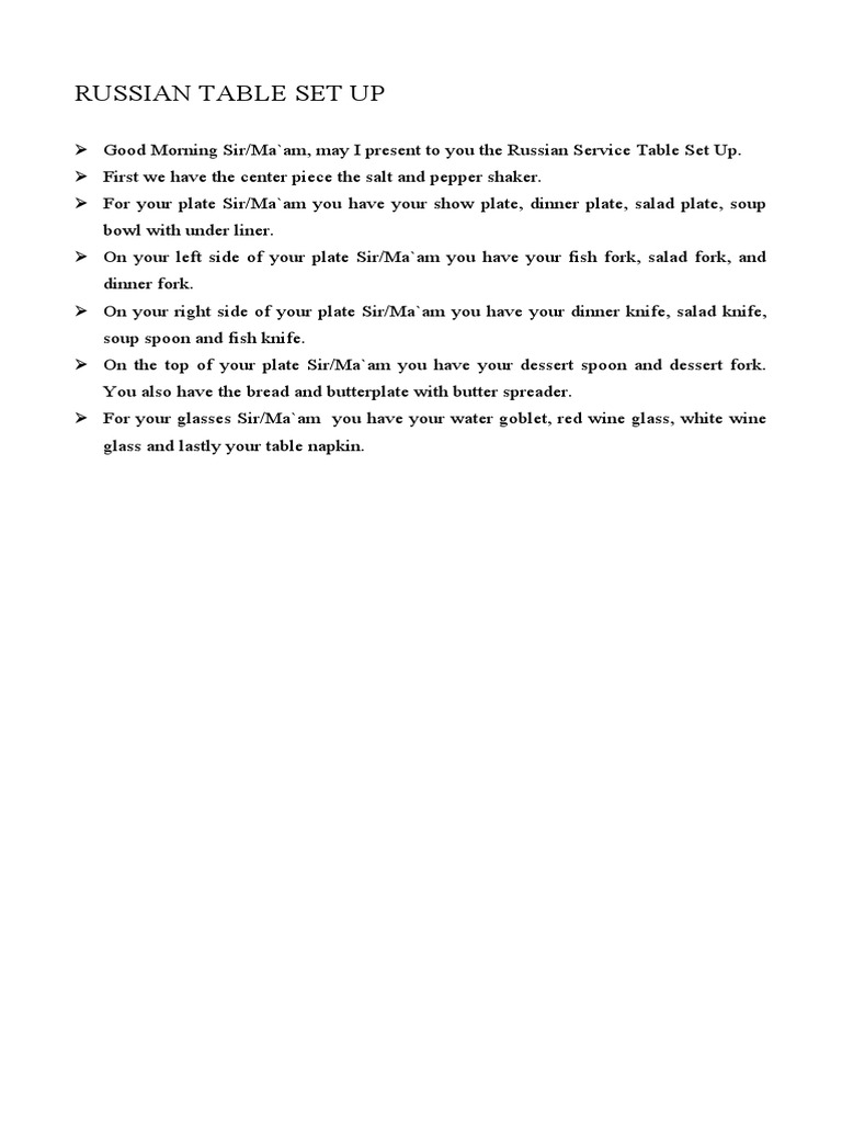Russian Table Set Up | PDF