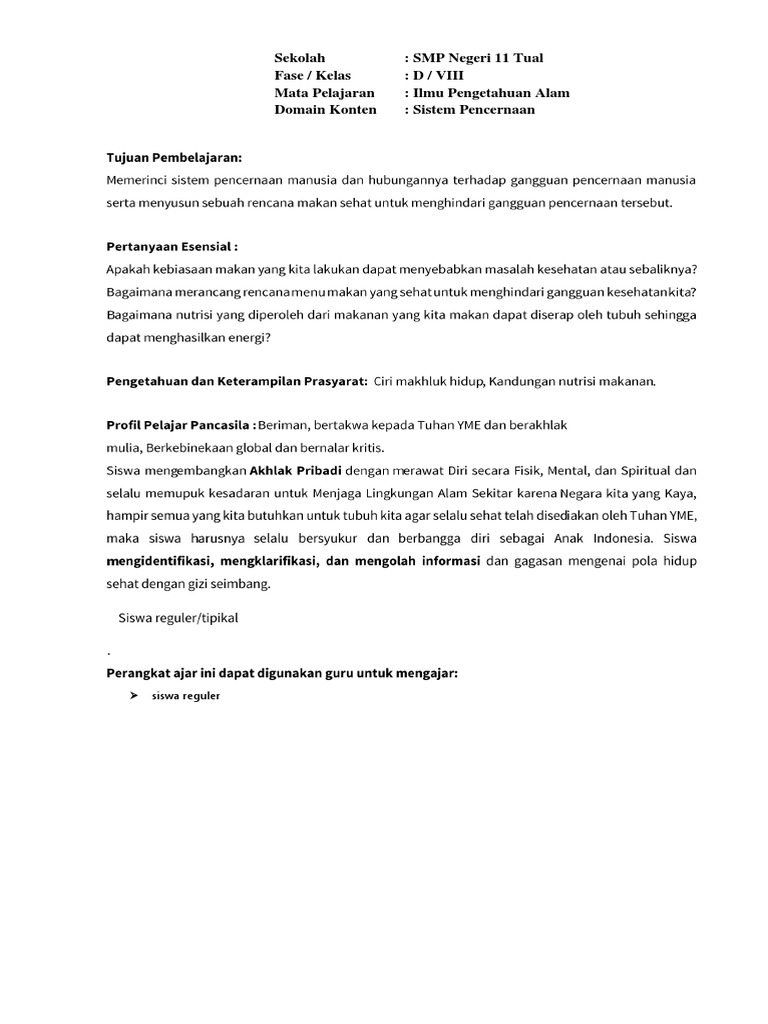 Modul Ajar IPA Fase D Konten Sistem Pencernaan | PDF Modul Ajar IPA Fase D Konten Sistem Pencernaan | PDF