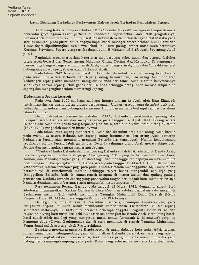 Latar Belakang Terjadinya Perlawanan Rakyat Aceh Terhadap Penjajahan Jepang | PDF
