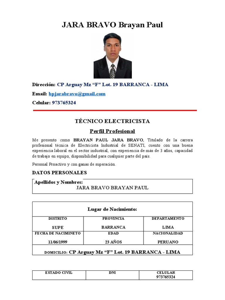 CV Actualizado A1 JARA BRAVO Brayan Paul | PDF | Ingenieria Eléctrica | Electricidad