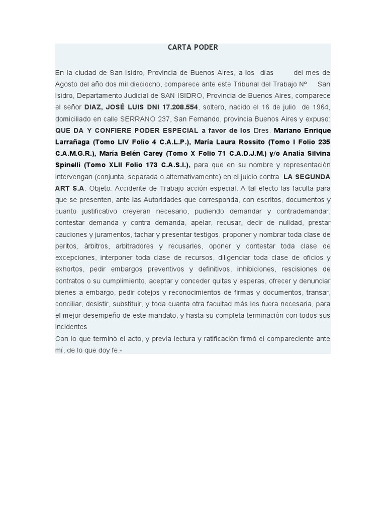 Carta Poder Diaz Jose Luis Carta Poder Para Revocar Causa En San