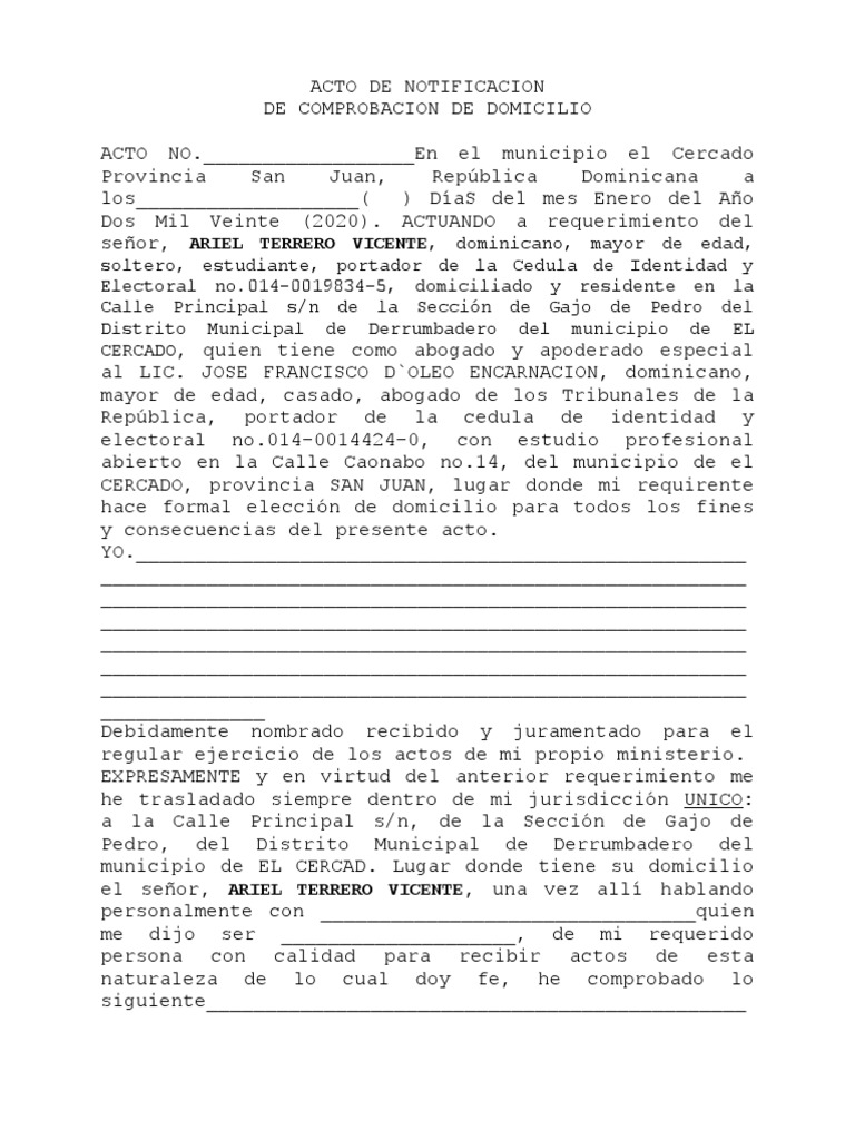 Acto de Alguacil de Comprobacion de Domicilio Ariel | PDF | Gobierno