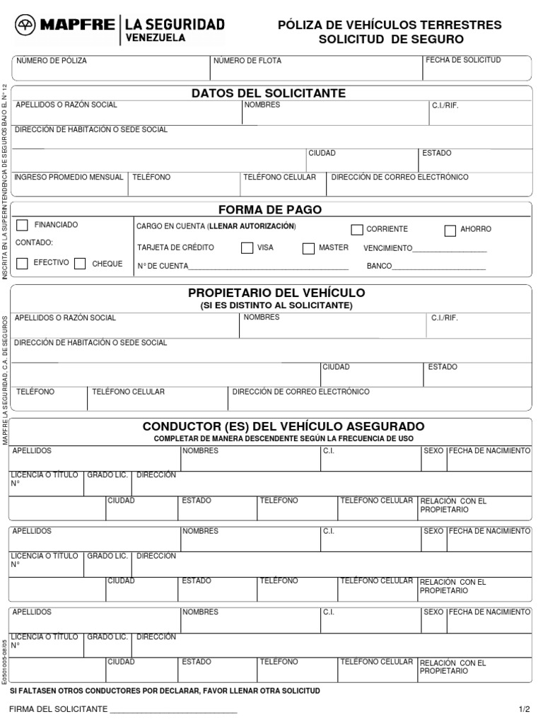 Solicitud de Seguro Vehicular Mapfre | PDF | Póliza de seguros ...