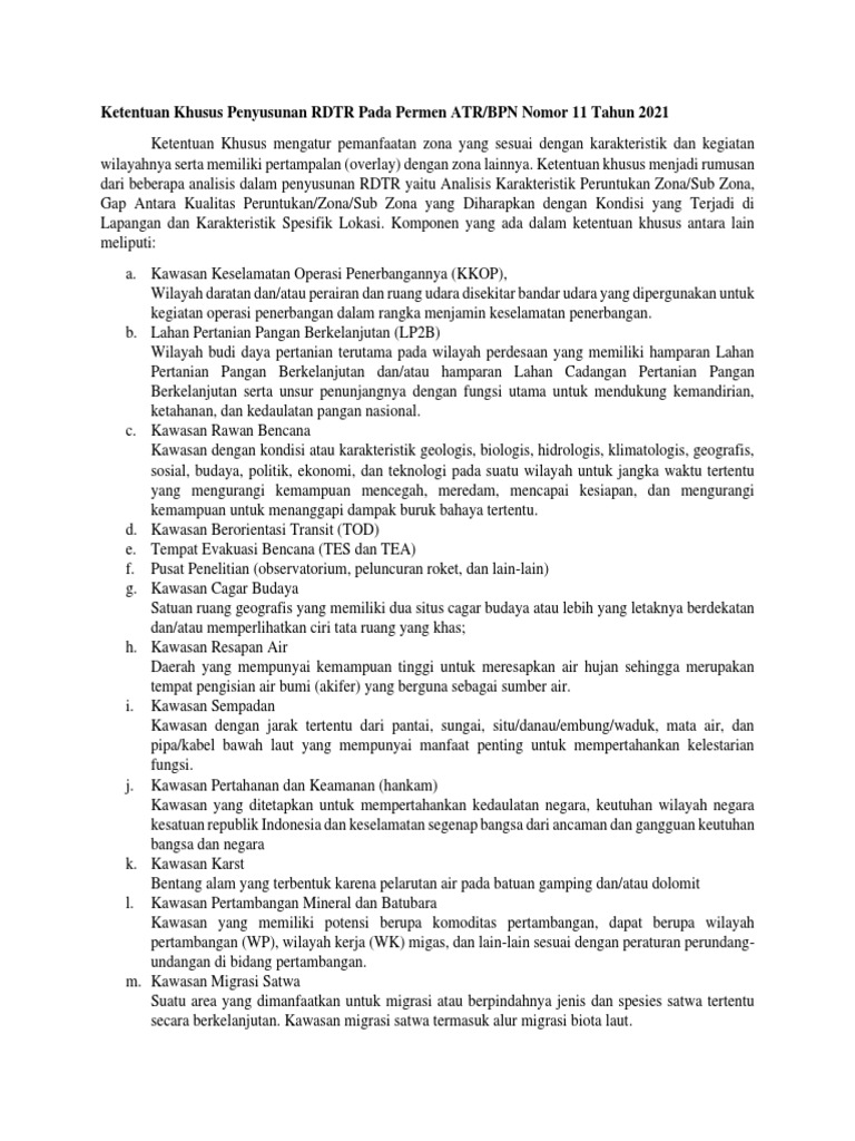 Resume Ketentuan Khusus Penyusunan RDTR Pada Permen ATR No 11 2021 | PDF