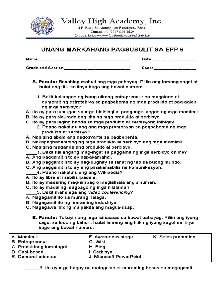 1st Quarterly-Exam in EPP 6 | PDF 1st Quarterly-Exam in EPP 6 | PDF