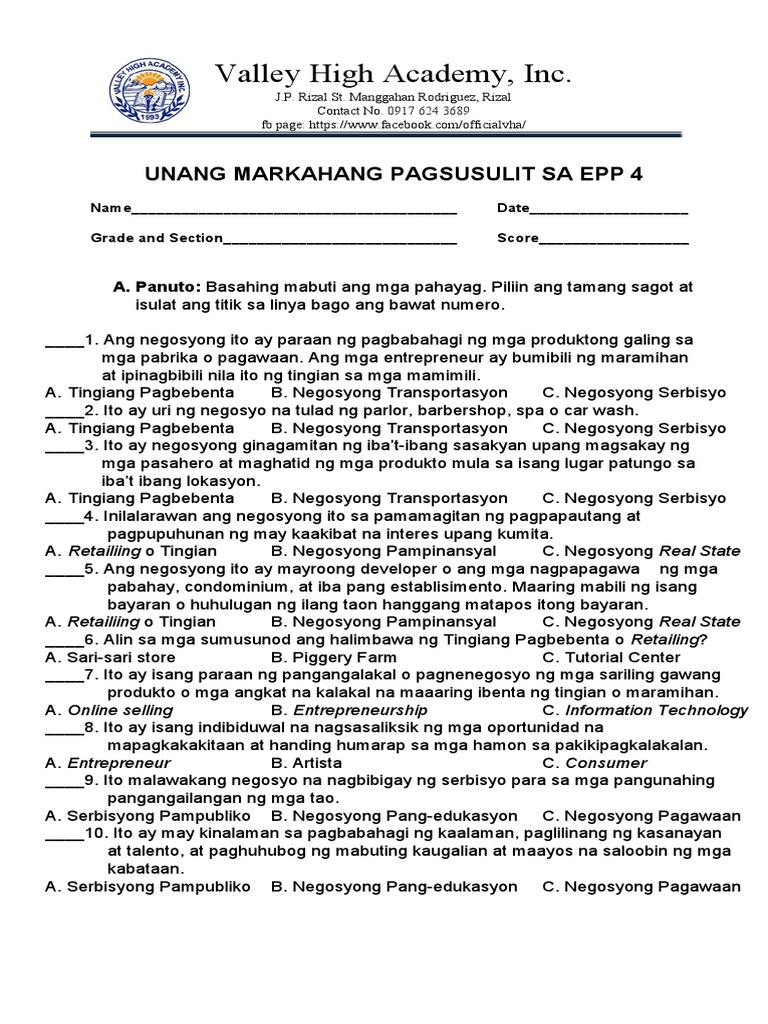 1st Quarterly-Exam in EPP 4 | PDF