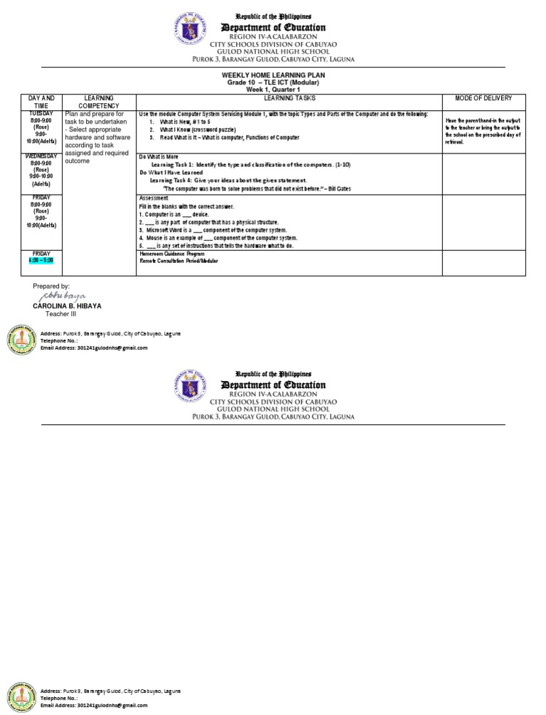 Tle Ict10 Weekly Home Learning Plan Modular Q1W1 | PDF | Educational ...