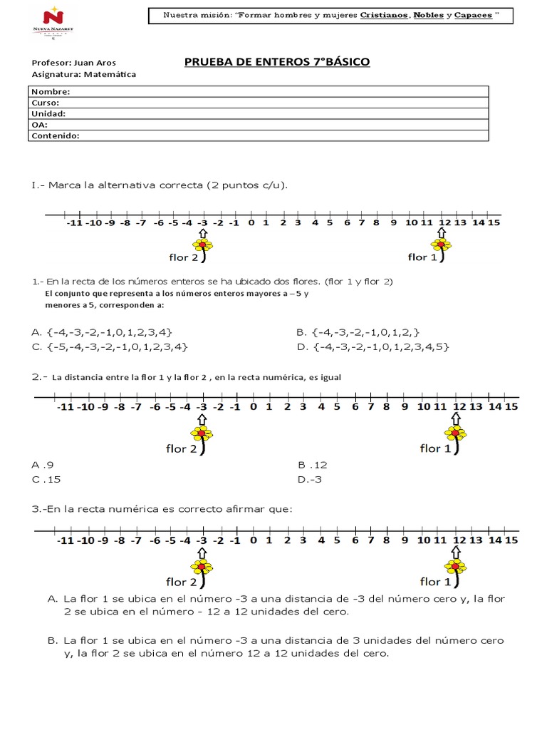 Prueba Matemática Enteros 7°básico | PDF | Entero | Matemáticas