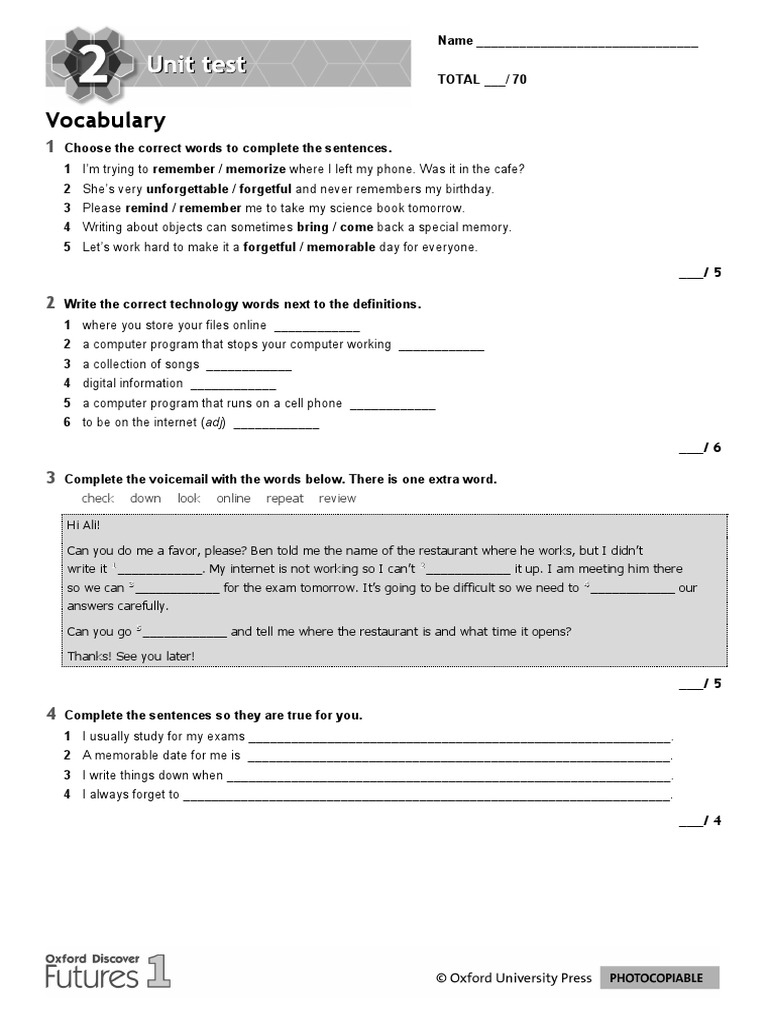ODF1 Unit 2 Test | Download Free PDF | Elephant | Memory