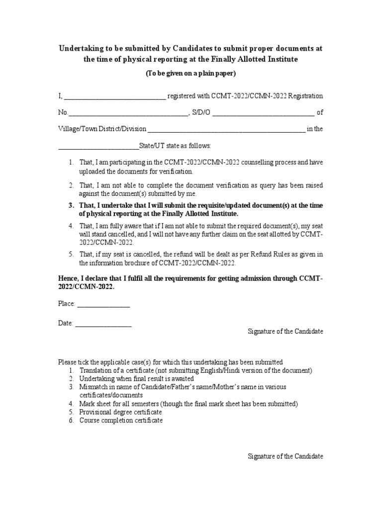 Undertaking by Candidate For Incomplete Documents | PDF | Business