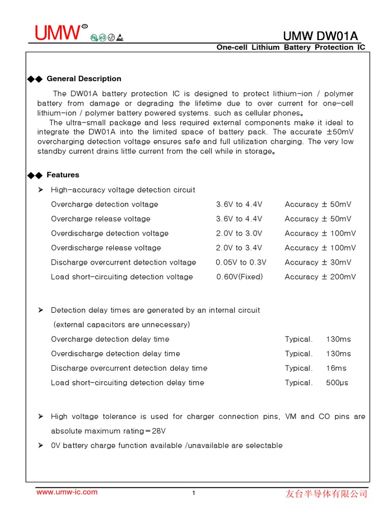 DW01A | PDF | Rechargeable Battery | Battery Charger