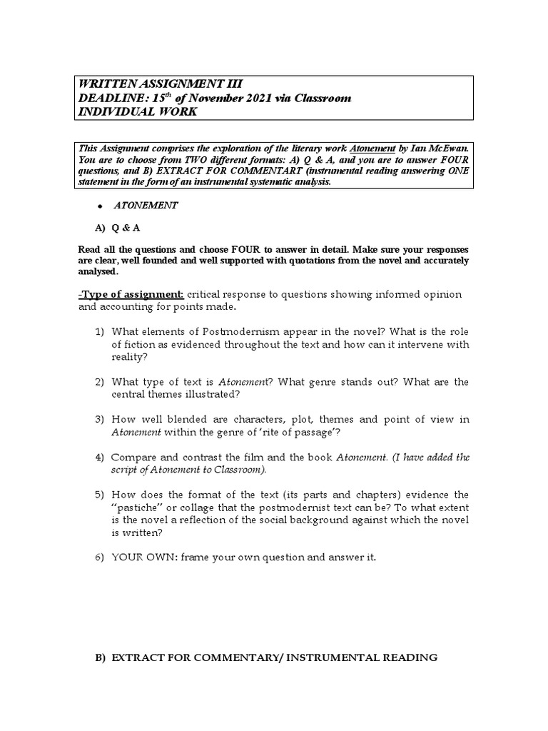 Atonement Written Assignment 3 2021 | PDF | Postmodernism
