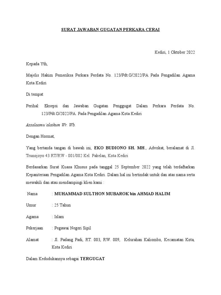 Surat Jawaban Gugatan Perkara Cerai | PDF