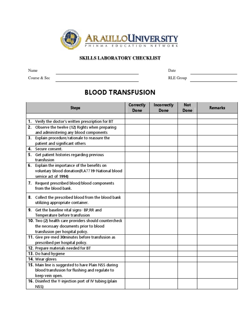 Blood Transfusion Skills Laboratory Checklist | PDF | Blood Transfusion ...