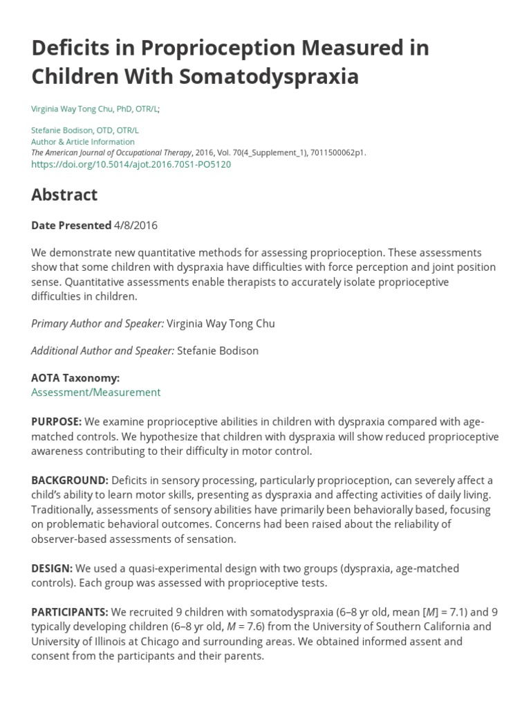 Deficits in Proprioception Measured in Children With Somatodyspraxia ...