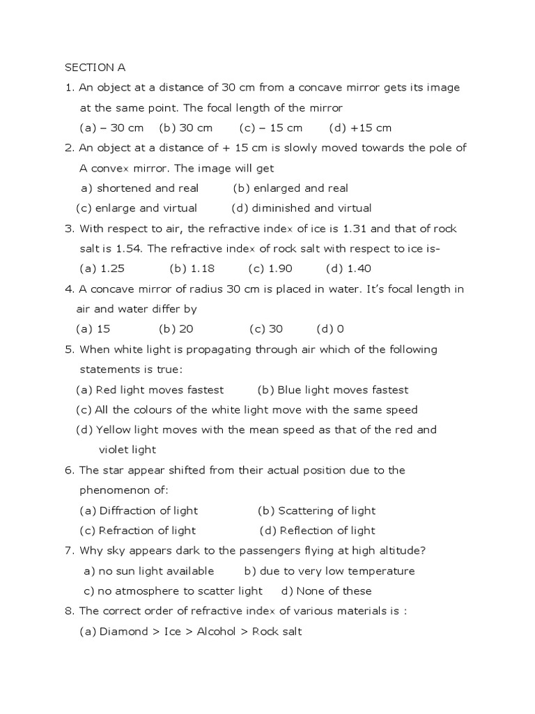 Optics and Light Reflection Quiz | PDF | Radiation | Electromagnetism