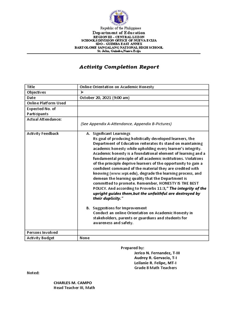 Grade 8 Activity Completion Report | PDF | Learning | Cognition