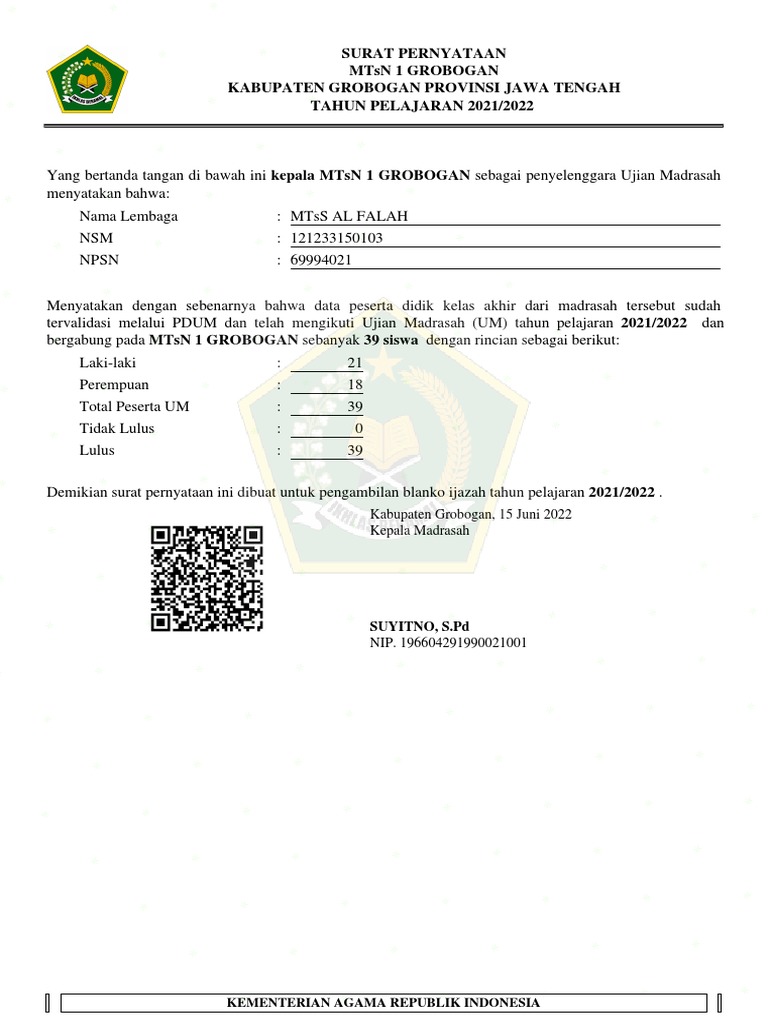 Surat Pernyataan Al Falah | PDF