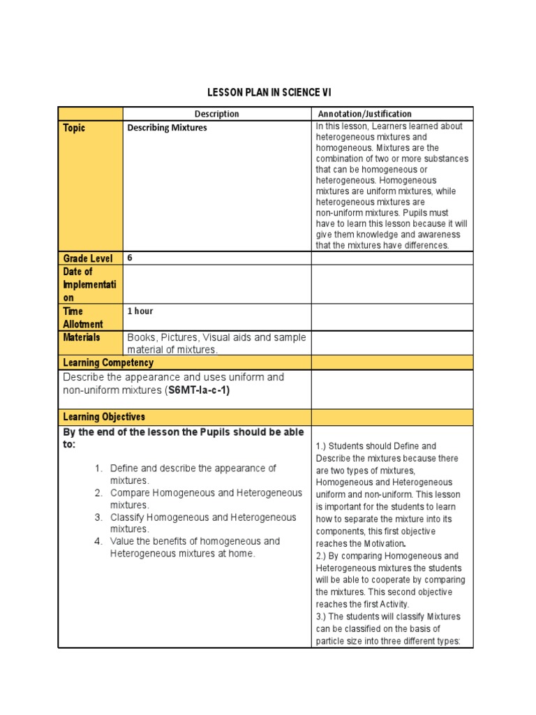 Mejares Science Final - LESSON-PLAN 4a's | PDF | Mixture | Behavior ...