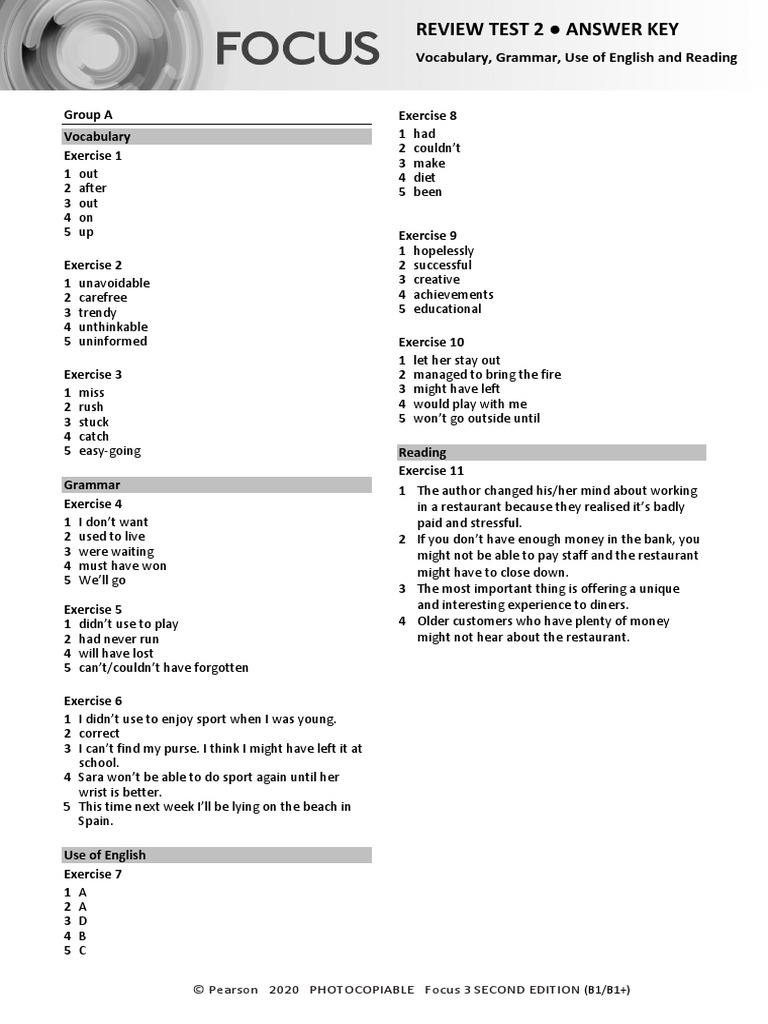 Focus3 2E Review Test 2 Units1 4 Vocabulary Grammar UoE Reading GroupA ...