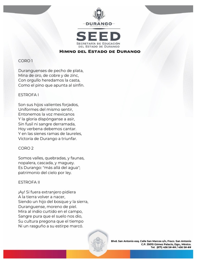 01 Himno Del Estado de Durango Letra | PDF