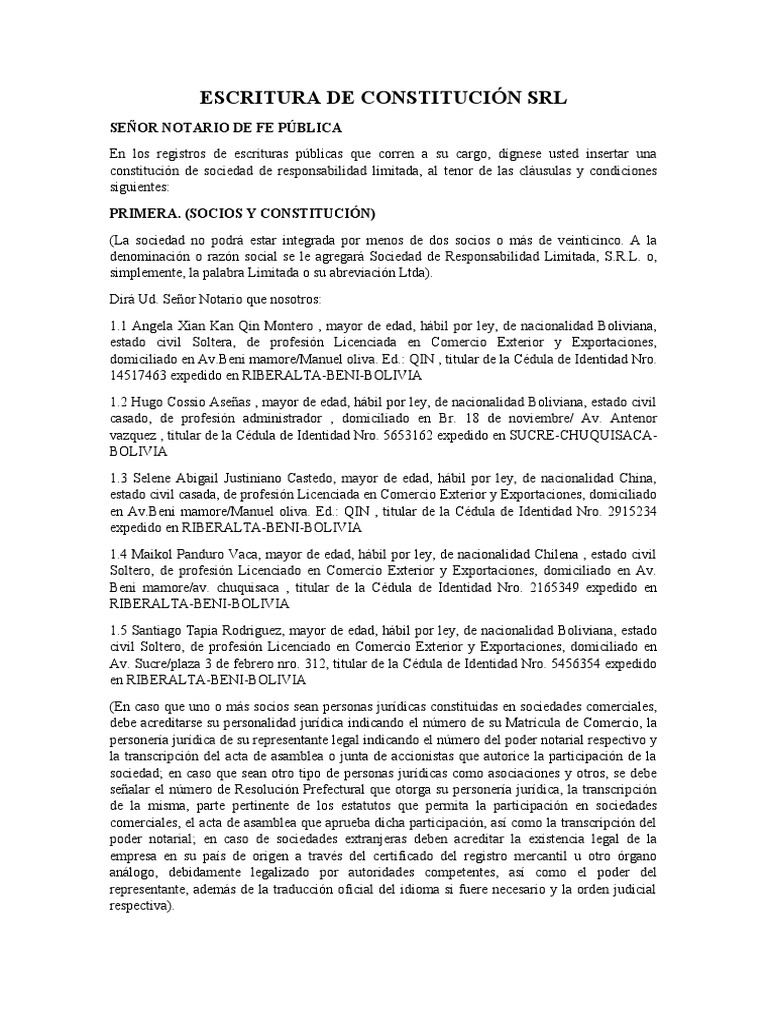 Escritura De Constitución Srl Pdf Sociedad De Responsabilidad