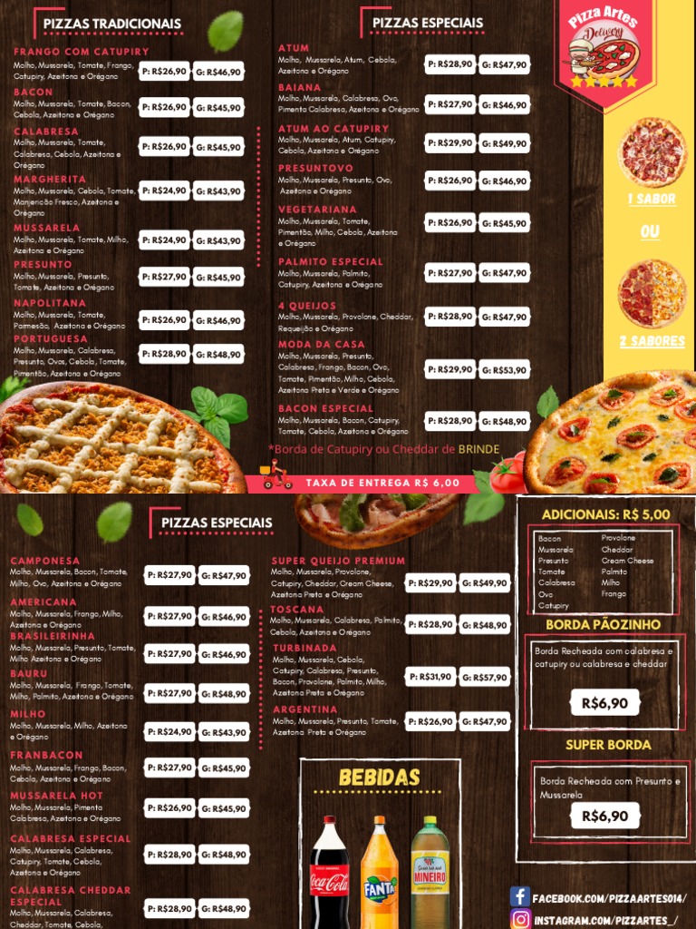 Carta de pizzas de uma pizzaria, com opções tradicionais e especiais ...